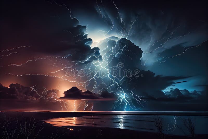 Dramatic Thunderstorm at Night, with Lightning Bolts Illuminating the ...