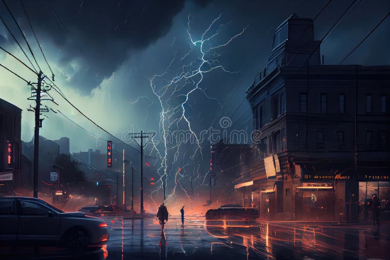 Dramatic Thunderstorm Over Busy City, with Lightning Strikes and People ...