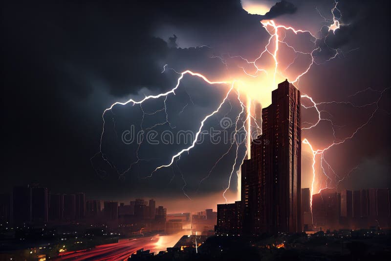 Dramatic Thunderstorm Over City, with Lightning Bolt Striking Tall ...