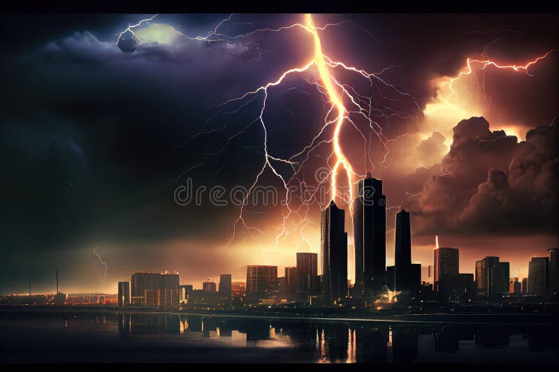Dramatic Thunderstorm Over City, with Lightning Bolt Striking Tall ...