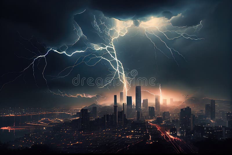 Dramatic Thunderstorm Over City, with Lightning Flashes and Rain ...