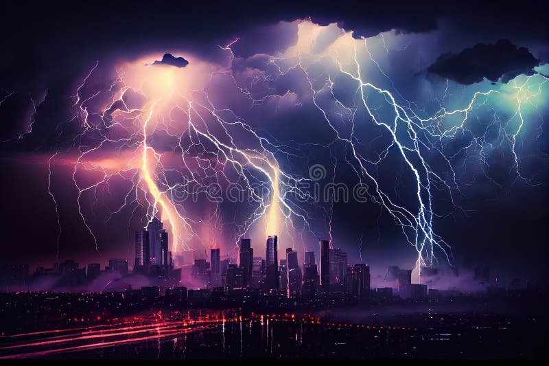 Dramatic Thunderstorm Over City, with Lightning Flashes and Rain ...