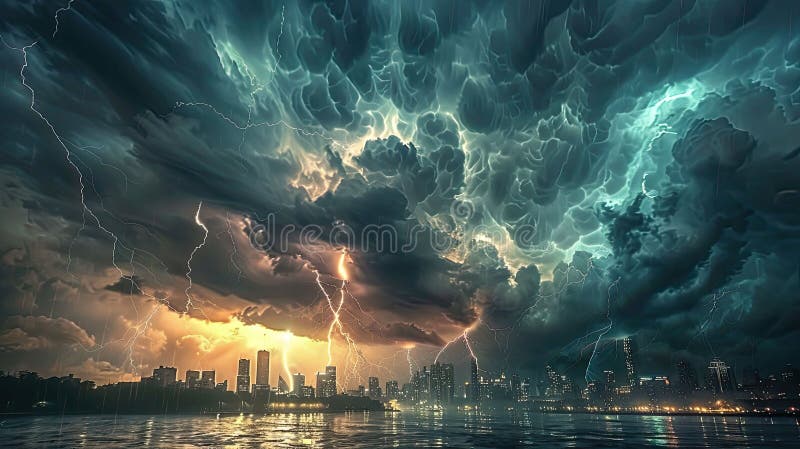 Dramatic Thunderstorm Over a City Skyline. Lightning Bolts Striking the ...