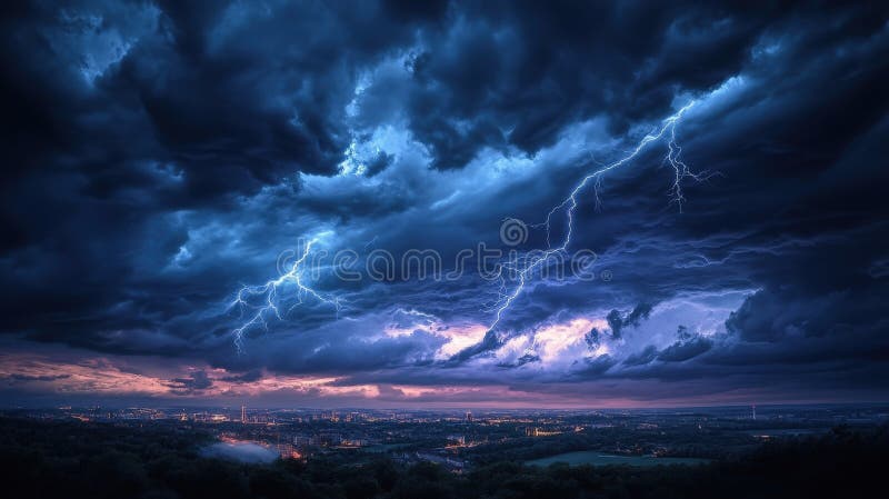 Dramatic Thunderstorm Over Cityscape: Dark Clouds and Bright Lightning ...