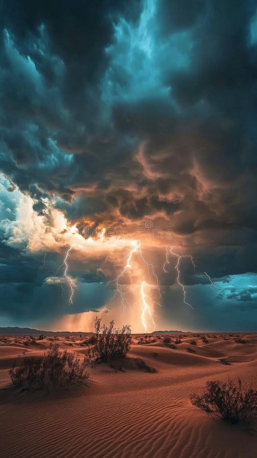 Dramatic Thunderstorm Over Desert Landscape with Lightning and Rainfall ...