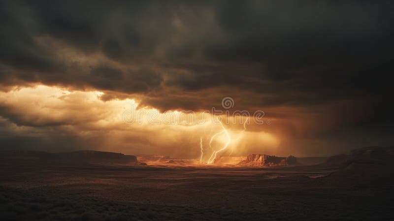 Dramatic Thunderstorm Over Desert Landscape with Lightning Strikes ...