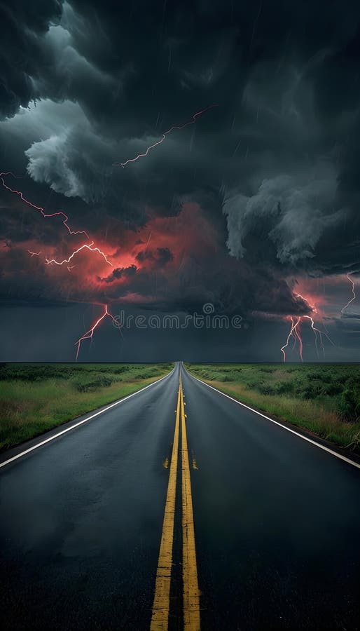 Dramatic Thunderstorm Over Deserted Highway, Dark Ominous Sky, Perfect ...