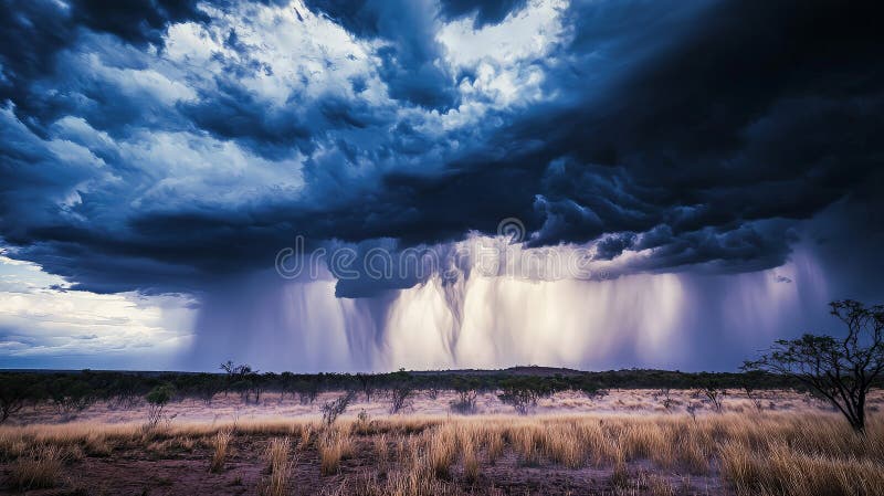 Dramatic Thunderstorm Over Dry Savanna Landscape; Heavy Rain and Dark ...