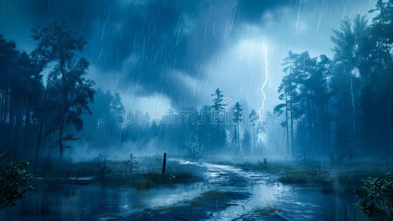 Dramatic Thunderstorm Over Forest with Lightning Strike and Heavy ...