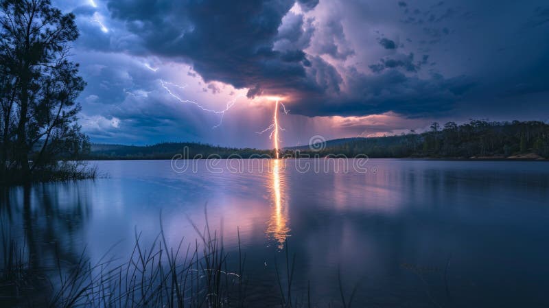 Dramatic Thunderstorm Over a Lake with Intense Lightning Striking the ...