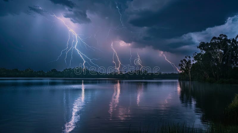 Dramatic Thunderstorm Over a Lake with Intense Lightning Striking the ...