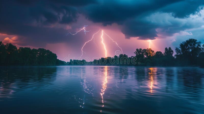 Dramatic Thunderstorm Over a Lake with Intense Lightning Striking the ...