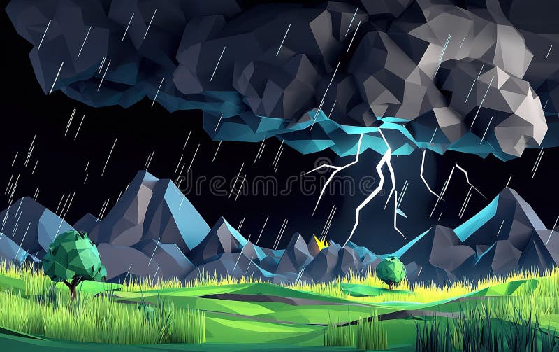 Dramatic Thunderstorm Over a Low-poly Landscape with Mountains, Rain ...