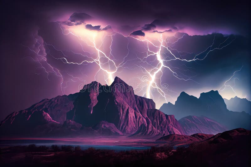 Dramatic Thunderstorm Over Mountain Range, with Lightning Bolts ...