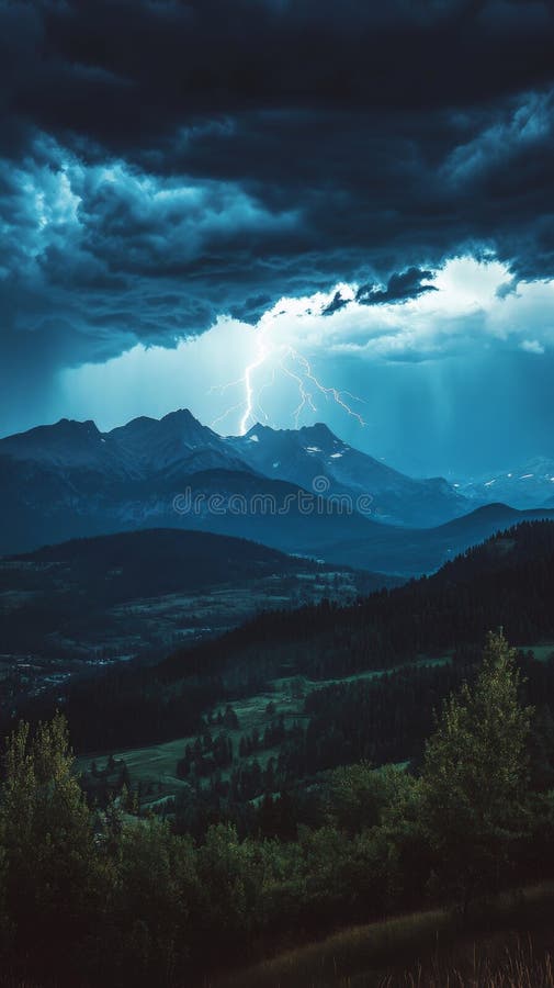 Dramatic Thunderstorm Over Mountain Range with Striking Lightning in ...