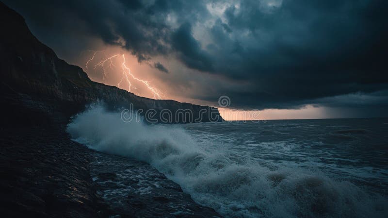 Dramatic Thunderstorm Over Ocean Cliffs with Waves Crashing on Rocky ...
