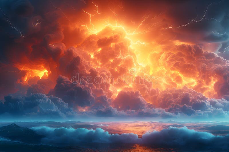 Dramatic Thunderstorm Over Ocean with Fiery Clouds and Lightning ...