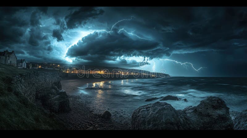 Dramatic Thunderstorm Over Ocean Shoreline at Night Stock Illustration ...