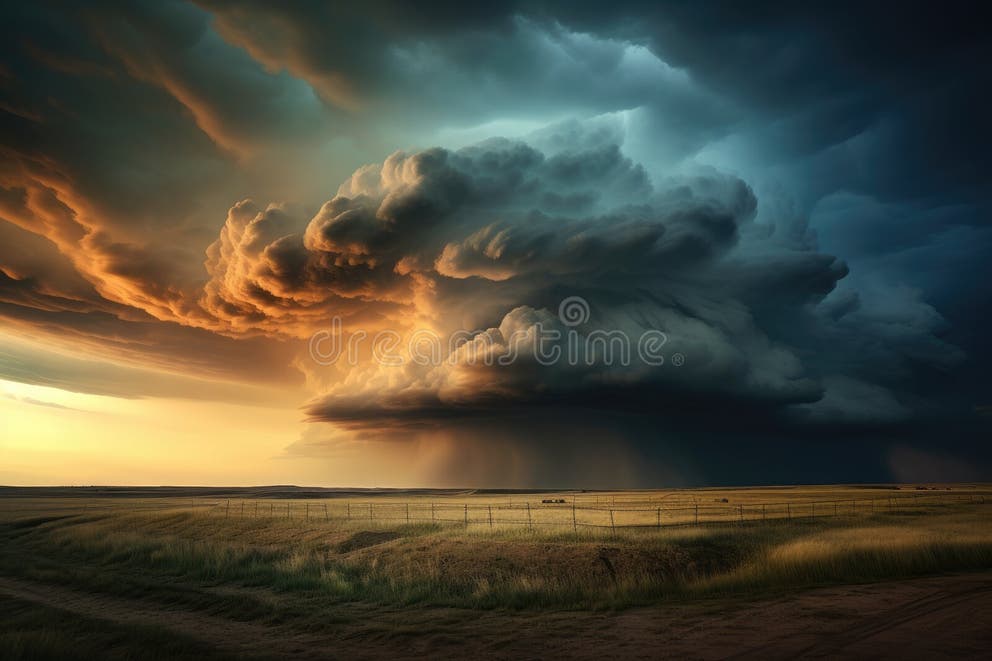 A Dramatic Thunderstorm Over a Prairie Landscape, AI Generated Stock ...