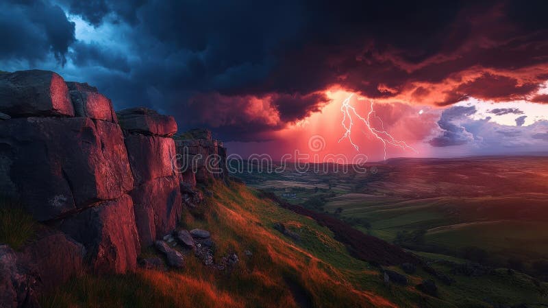 Dramatic Thunderstorm Over Rolling Hills and Rock Formation at Sunset ...