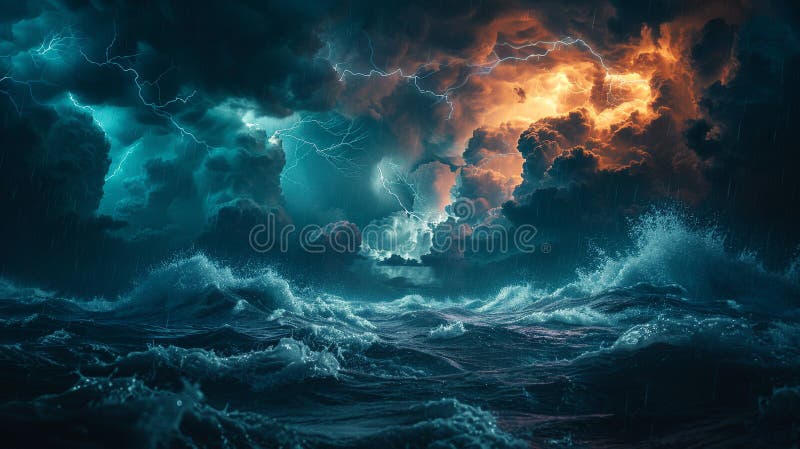 Dramatic Thunderstorm Over Rugged Ocean Waves at Dusk Stock ... Dramatic Thunderstorm Over Rugged Ocean Waves at Dusk Stock ...