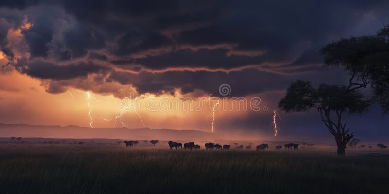 A Dramatic Thunderstorm Over a Sprawling Savanna, with Dark Clouds ...