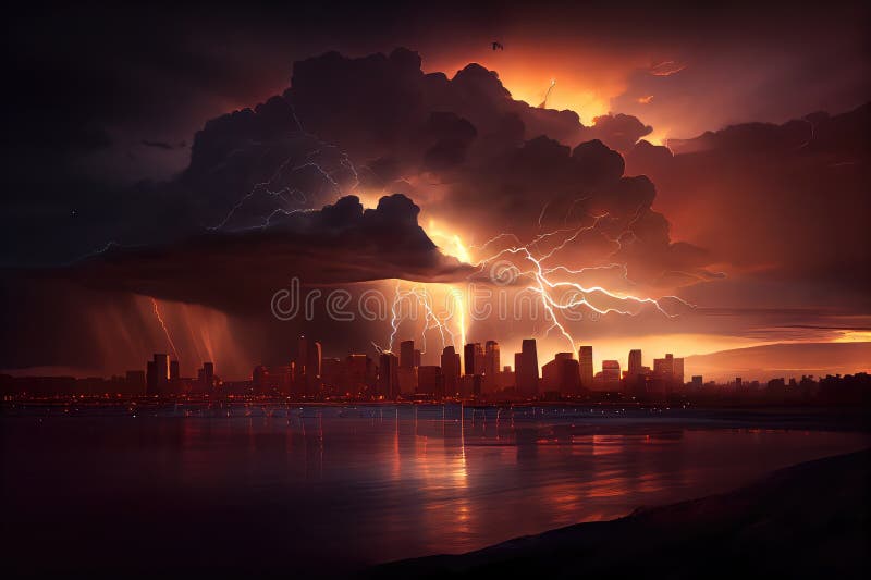 Dramatic Thunderstorm Over Sunlit City Skyline Stock Illustration ...