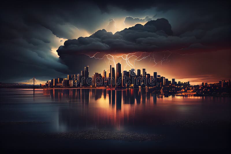 Dramatic Thunderstorm Over Sunlit City Skyline Stock Illustration ...