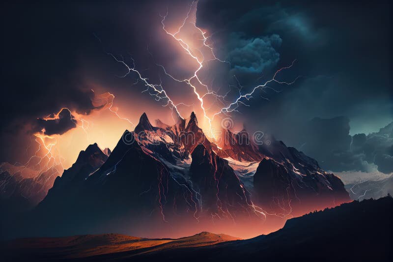 Dramatic Thunderstorm Over Towering Mountain Range, with Lightning ...