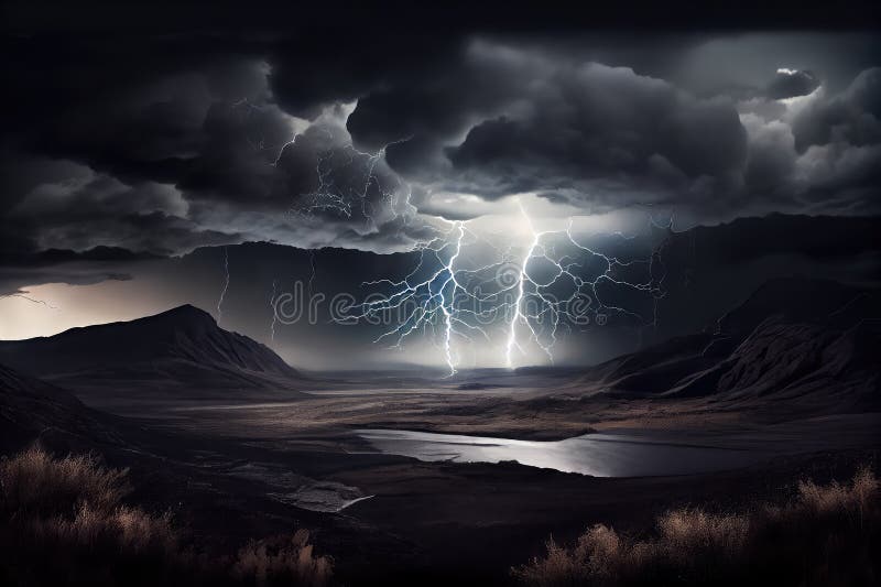 Dramatic Thunderstorm Over Valley, with Lightning Striking and Rain ...