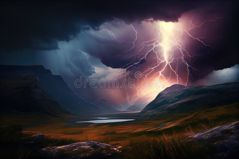Dramatic Thunderstorm Over Valley, with Lightning Striking and Rain ...
