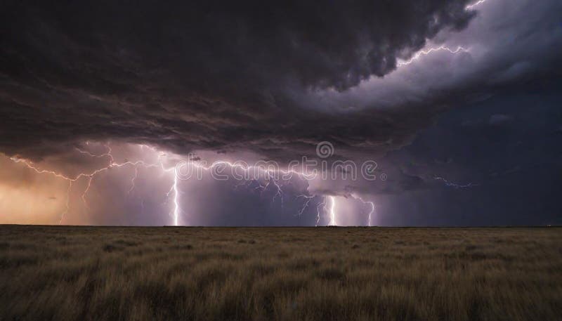 A Dramatic Thunderstorm Over a Vast, Open Prairie with Lightning ...