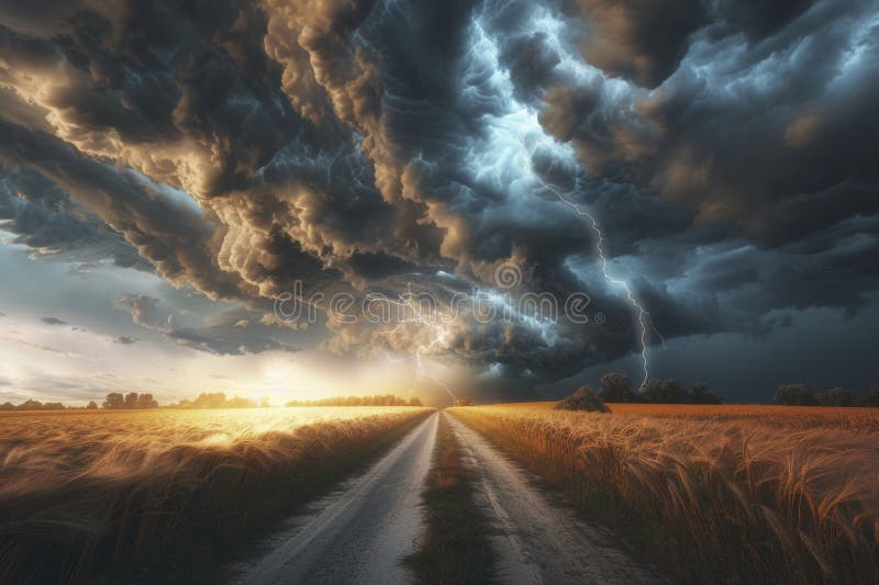 Dramatic Thunderstorm Over Wheat Field with Striking Lightning and Dark ...