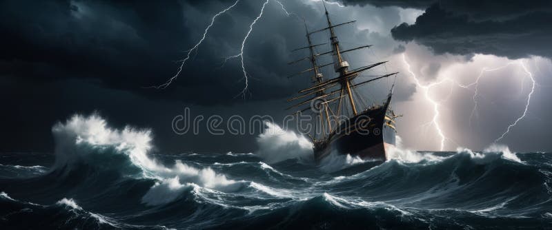 Dramatic Thunderstorm at Sea with Lightning and Crashing Waves Stock ...