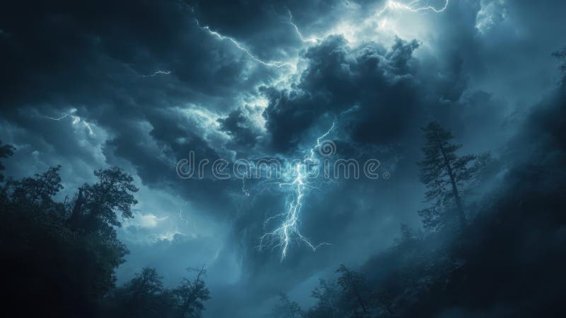 Dramatic Thunderstorm with Lightning Over Dark Forested Landscape Stock ...