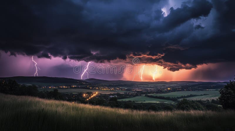 Dramatic Thunderstorm Skies with Lightning Strikes Over the Landscape ...