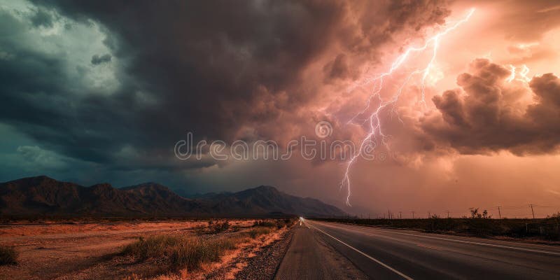 Lightning Strikes Over Desert Road during Storm Time Stock Illustration ...