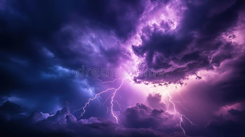 Dramatic Thunderstorm with Vibrant Purple Skies and Flashing Lightning ...