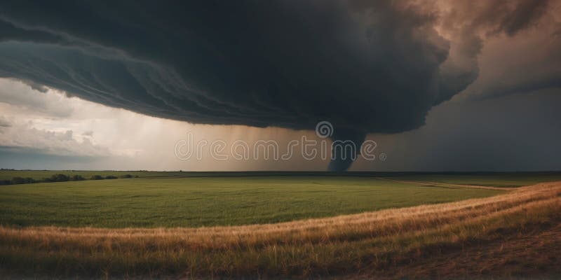 Dramatic Tornado Cloud Swirling Ominously Over a Vast Countryside Field ...