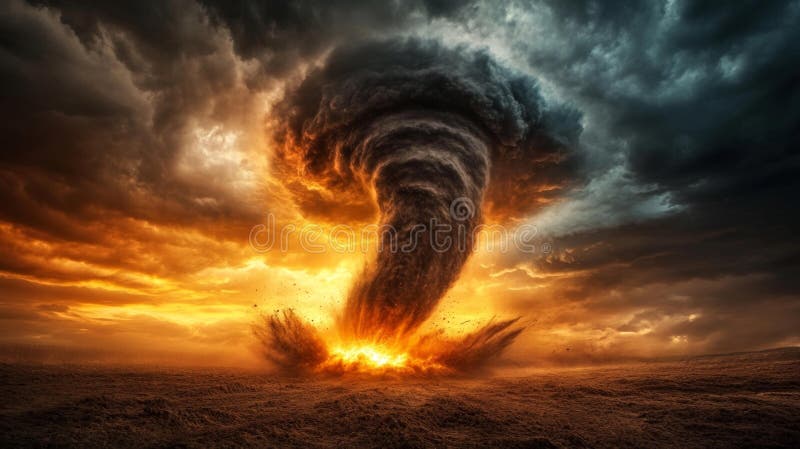 A Dramatic Tornado with an Intense Funnel of Swirling Wind and Fiery Explosions Below Stock ...