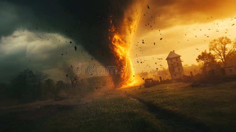 Dramatic Tornado Scene with Firestorm Engulfing a Small Town Stock ...