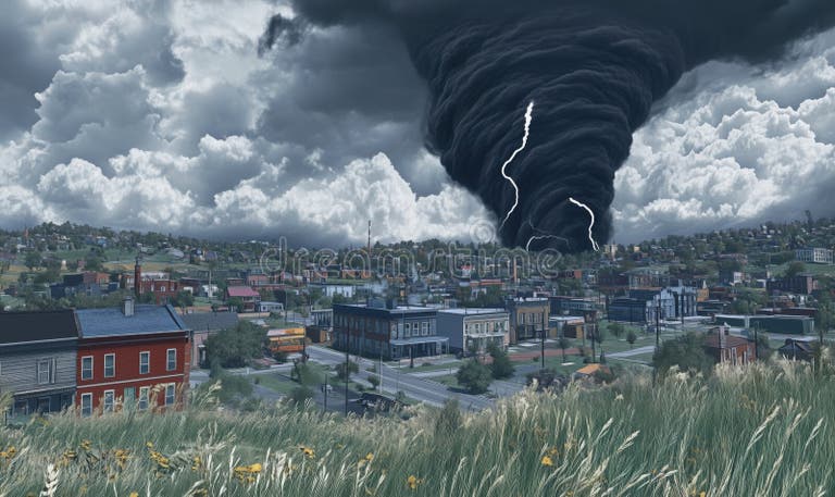 Dramatic Tornado Formation Over a Small Town with Dark Storm Clouds and ...