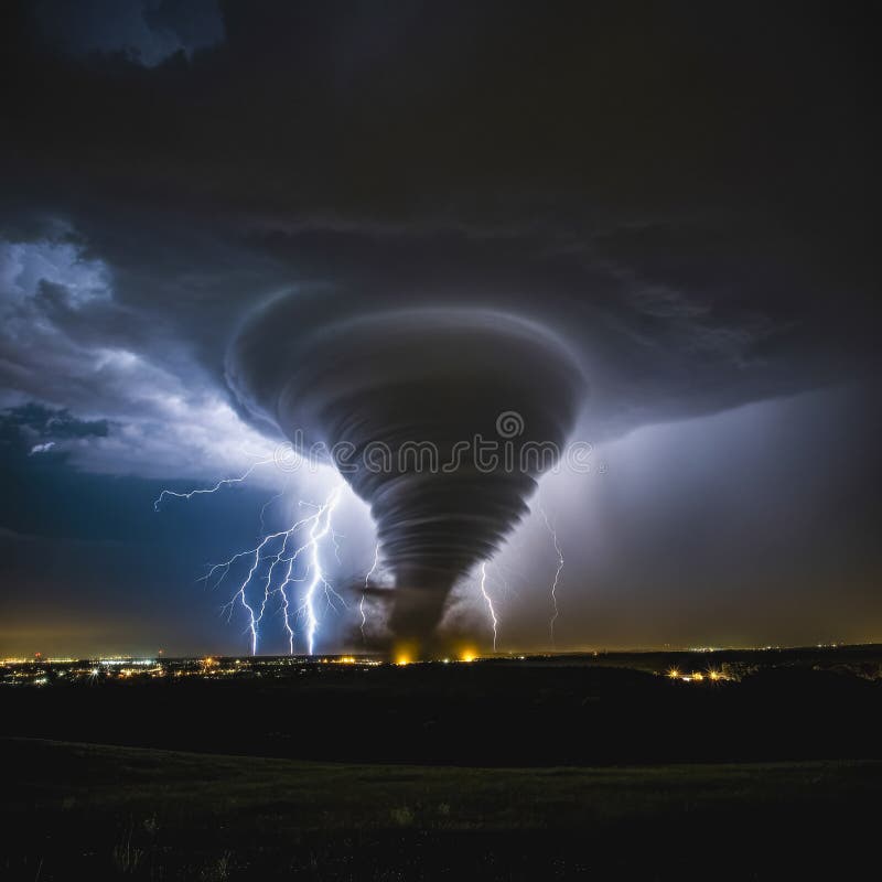 Dramatic Tornado with Lightning Strikes at Night Stock Photo - Image of danger, atmospheric ...