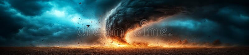 A Dramatic Tornado and Storm with Fiery Explosion in a Rural Area Stock ...