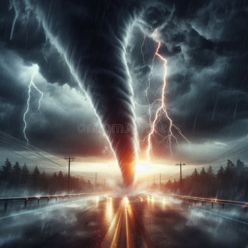 Dramatic Tornado Strikes Road in Stormy Environment Stock Illustration ...