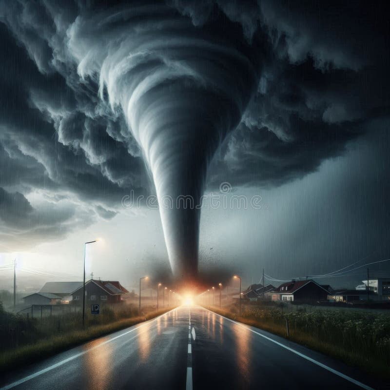 Dramatic Tornado Strikes Road in Stormy Environment Stock Illustration ...