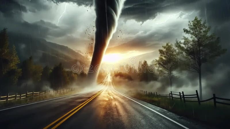Dramatic Tornado Strikes Road in Stormy Environment Stock Footage ...