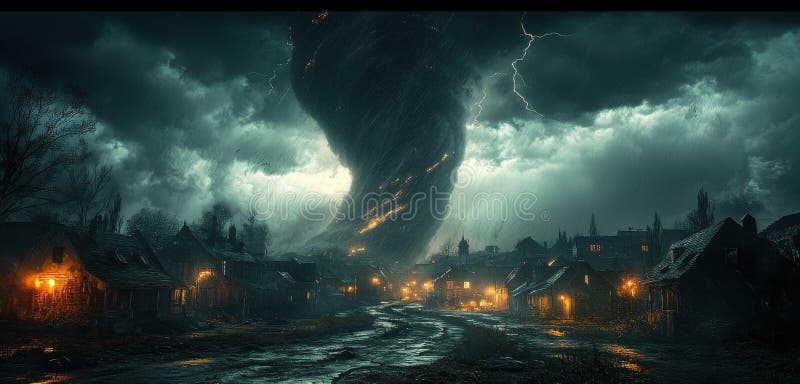 Dramatic Tornado Touches Down in a Small Village Under Dark Storm Clouds and Lightning at Dusk ...