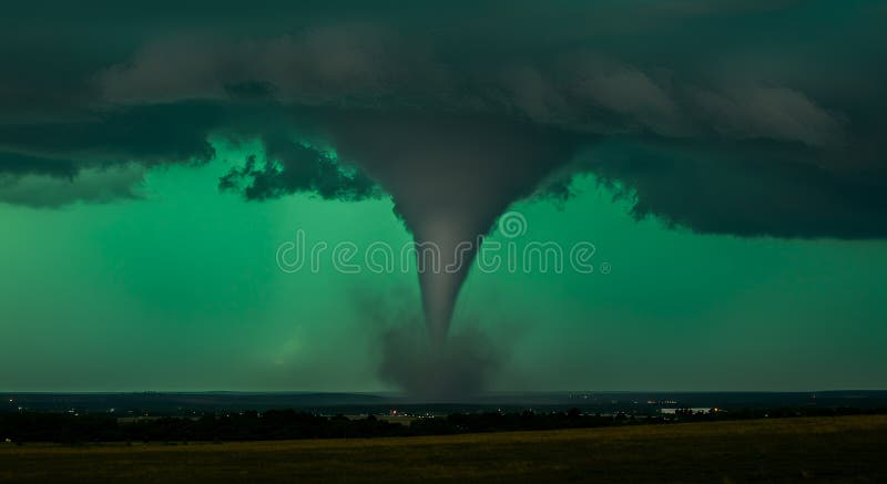 Dramatic Tornado Touching Down in Rural Landscape with Stormy Green Sky Stock Illustration ...