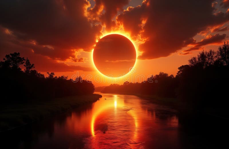 Dramatic Total Solar Eclipse Over River, Trees. Sunset Colours Reflect on Water Surface ...